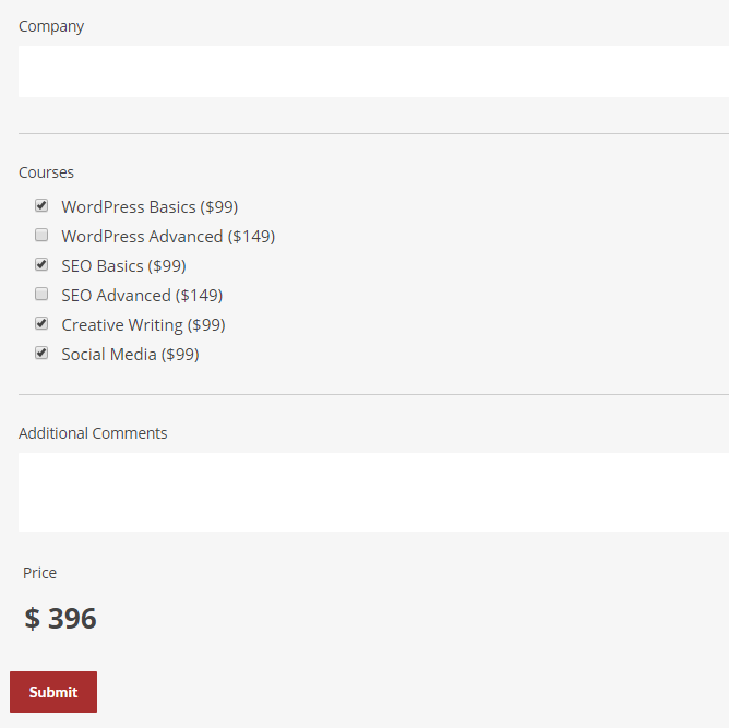 Course Registration Form – ez Form Calculator - WordPress Forms Plugin